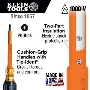 Klein Tools 33532-INS Electrical Insulated Screwdriver Set of 2, Made in USA, 4-Inch Phillips and Cabinet Set, Made in USA