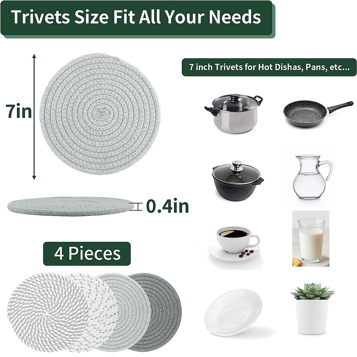 Trivets for Hot Dishes, 7 Inch Trivets for Hot Pots and Pans, 4 Pack Hot Pots and Pans Pad, Pot Holders for Cooking and Baking, Potholders Set Kitchen Essentials for New Home