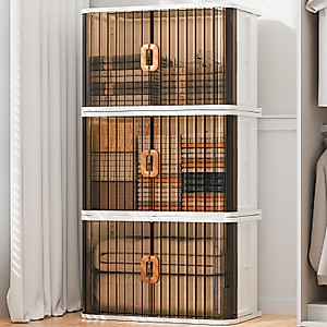 LEHOM Lidded Home Storage Bins - 9.16 Gal Stackable Closet Organizers with Lockable Doors, Plastic Collapsible Storage Container Box on Wheels for Clothing, Book, Bedding, 3 Pack
