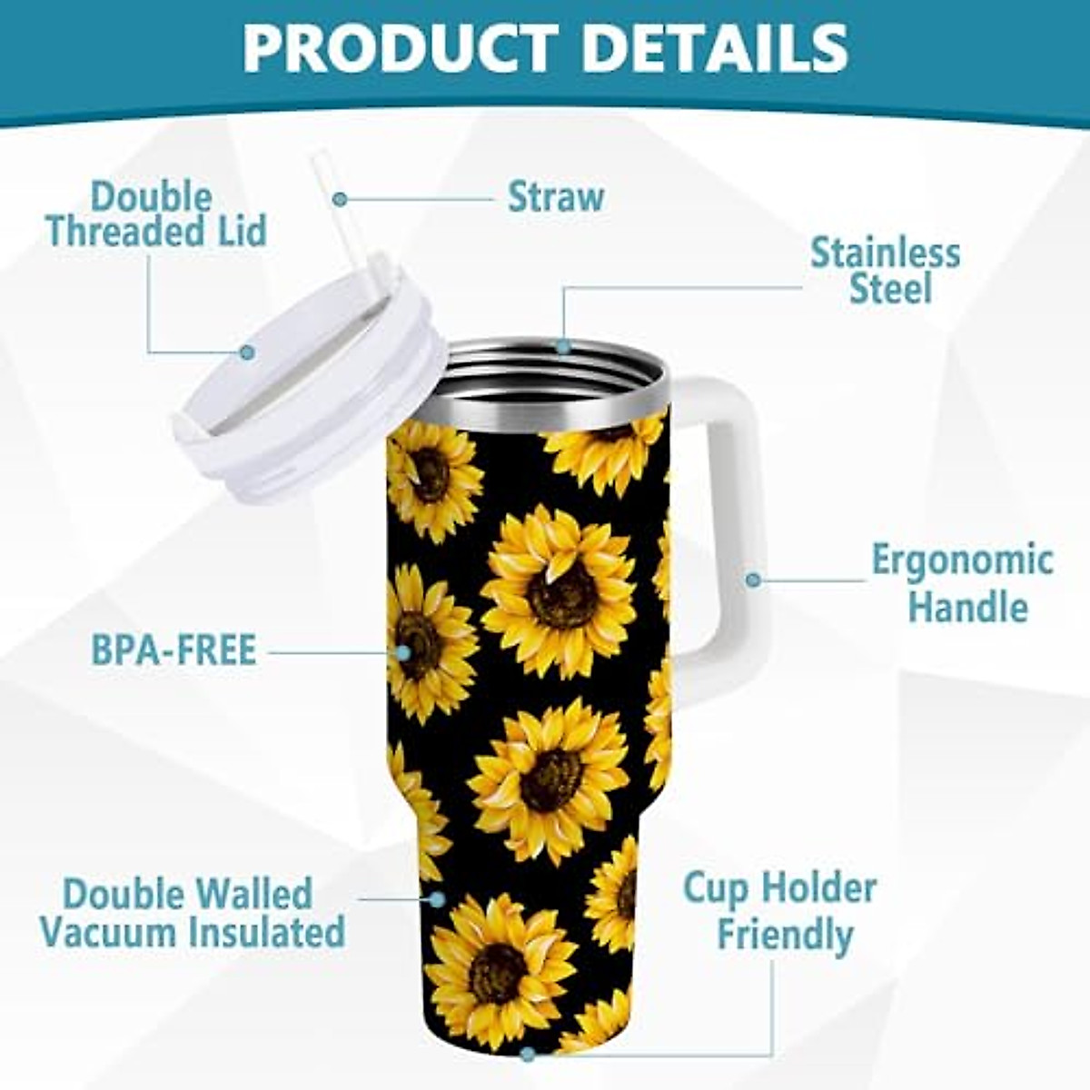MCHIVER Black Sunflowers 30 oz Tumbler with Handle and Straw Stainless Steel Vacuum Water Bottle Leak-proof Travel Coffee Mug Insulated Water Bottle for Car Home Office