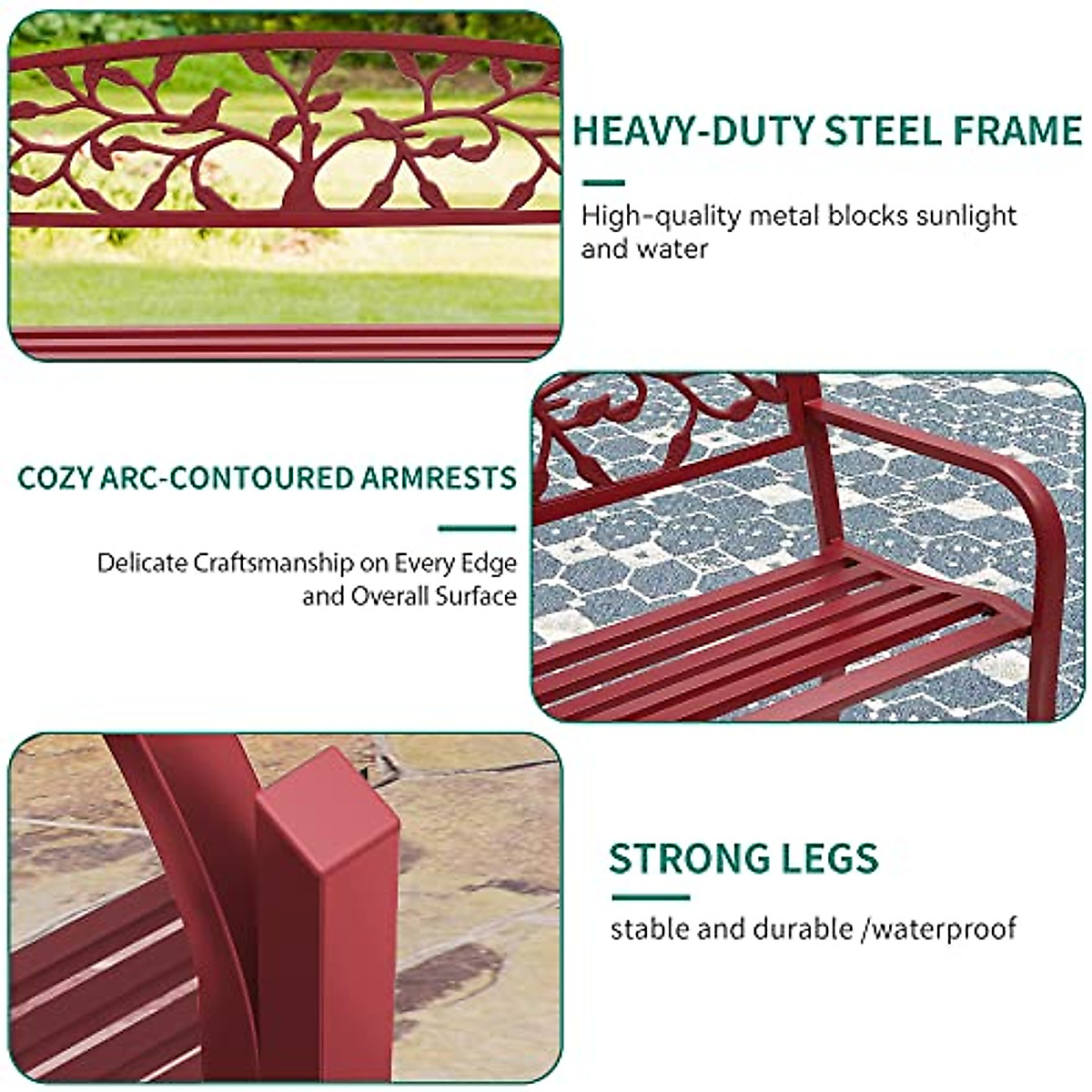 YITAHOME Outdoor Bench 50" Metal Bench Bird Pattern Patio Bench with Backrest and Armrest for Porch Lawn Balcony Backyard and Indoor Red