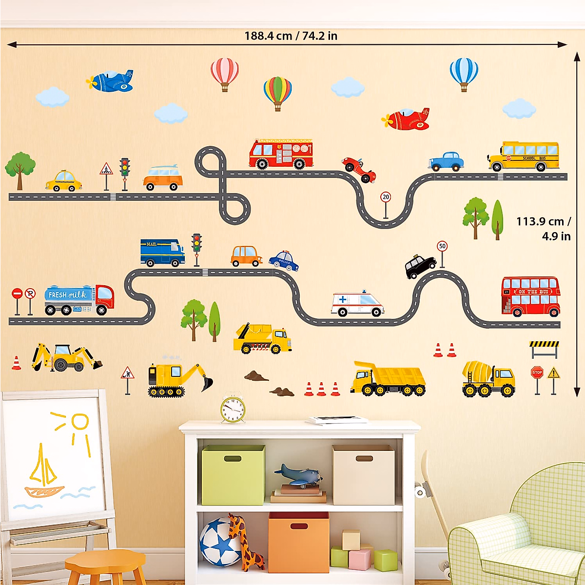 DECOWALL SG3-2308 Transports and Road Wall Stickers Decals Kids Peel and Stick Removable for Nursery Bedroom Living Room décor Construction Car Truck Tractor Boys Playroom…