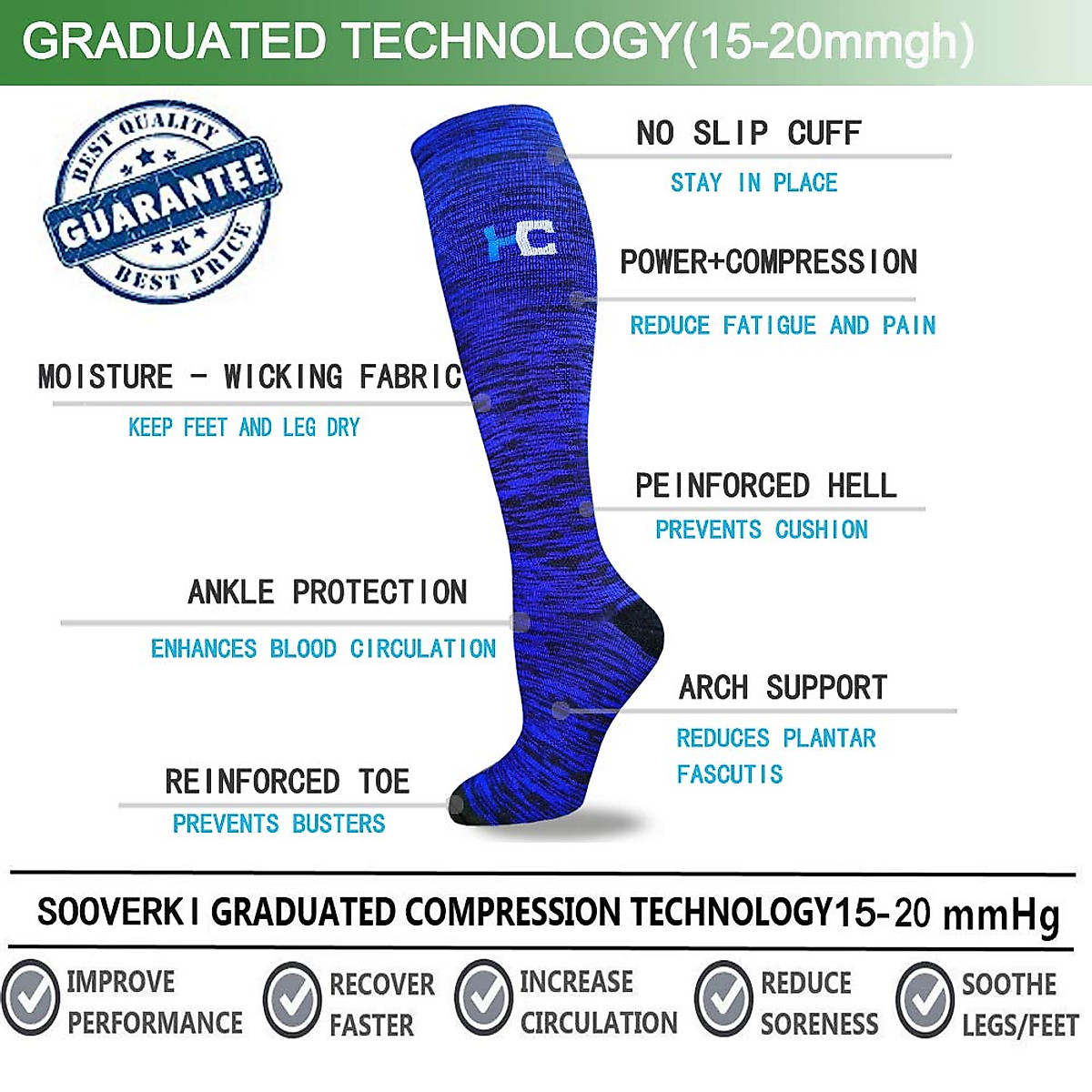 Copper Compression Socks for Women & Men 6 Pairs 15-20 mmHg is Best For Graduated Athletic, Running, Travel, Flight, Nurses(Large/X-Large)