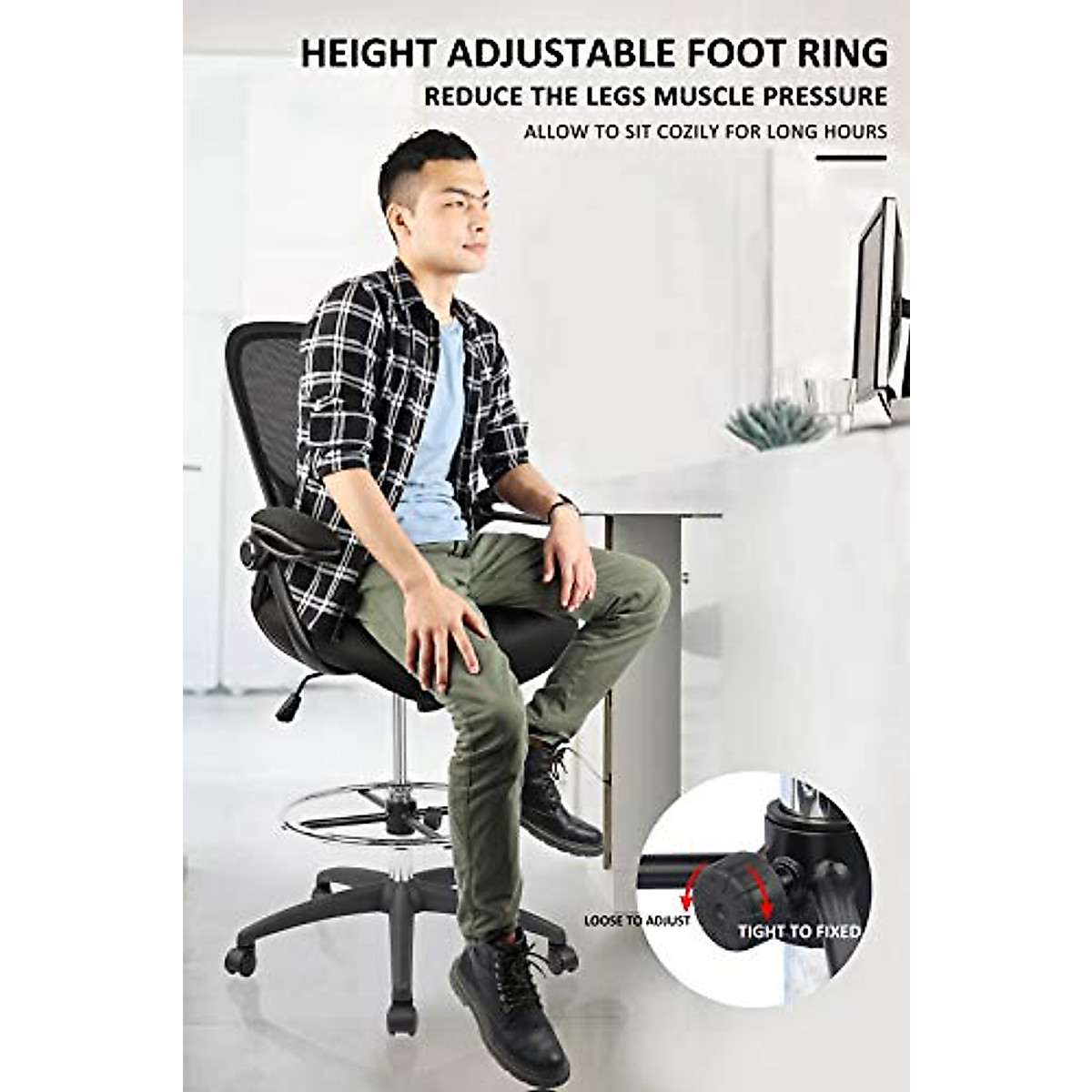 High-Back Mesh Ergonomic Drafting Chair Tall Office Chair Standing Desk Stool with Adjustable Foot Ring and Flip-Up Arms (Black)