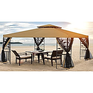 SUNA OUTDOOR 10x13 Ft Outdoor Gazebo Steel Frame Two-Tiered Top Canopy, Leaf Screen Decor Gazebo with Adjustable Netting for Garden Backyard, Beige