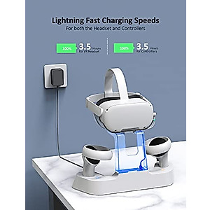 NexiGo Enhanced Charging Dock with LED Light [On/Off] for Oculus Quest 2, [Support Elite Strap with Battery], Headset Display Holder and Controller Mount, 2 Rechargeable Batteries, USB-C Charger