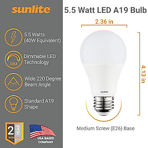 Sunlite 41137-SU LED A19 Standard Light Bulb, 5.5 (40 Watt Equivalent), 450 Lumens, Medium Base (E26), Dimmable, UL Listed, Energy Star, 6 Pack, 4000K Cool White