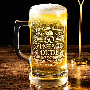 Crisky 60th Birthday Vintage Dude Beer Mug for Men 60 Years Old Gift 21 oz Birthday Beer Glass for Him, Husband, Father, Brother Friends Uncle Coworker, Large Capacity Beer Mug Gift, with Box