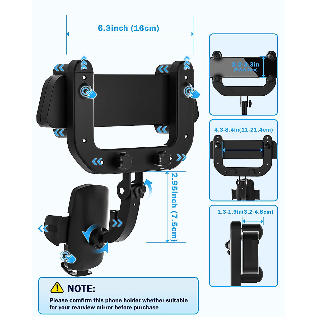 HNDJYT Rear View Mirror Phone Holder for car,Phone Mount for Car, Rotatable Car Phone Mount Rearview Mirror Phone Holder for Car Compatible with iPhone Samsung LG All 4-7 Inch Cell Phones