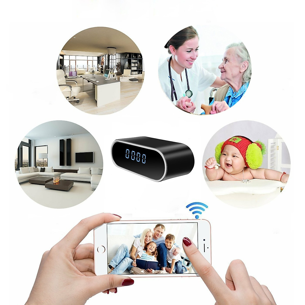 Jigayao Camera Clock, HD 1080P WiFi Alarm Clock Camera with Night Vision/Motion Detection/Loop Recording, Wireless Security Nanny Cam for Home and Office-Support iOS/Android No Audio