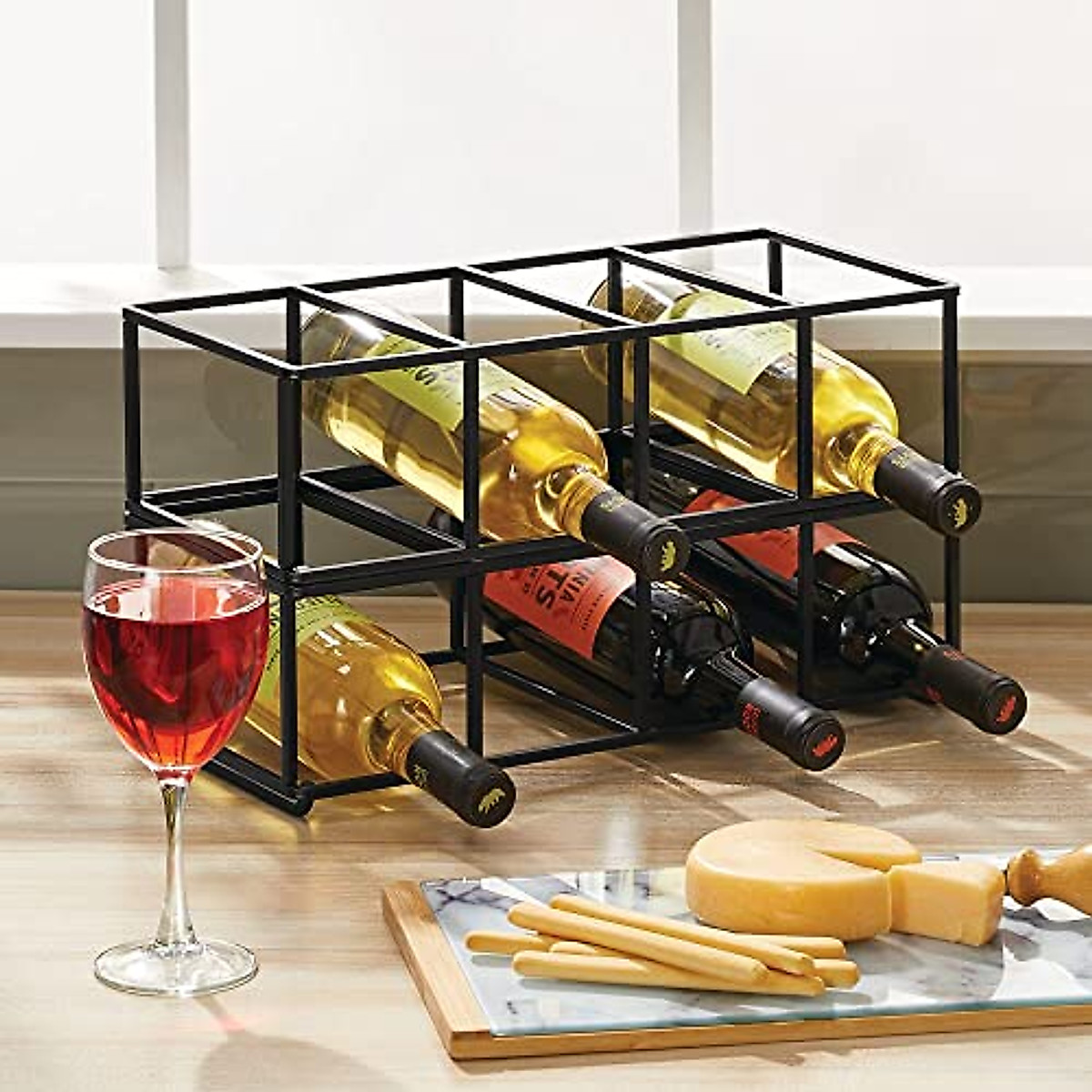 mDesign Stackable, Metal Geometric Free-Standing Water Bottle and Wine Rack Storage Organizer for Kitchen Countertops, Pantry, Fridge - Holds 8 Bottles - 2 Pack - Matte Black