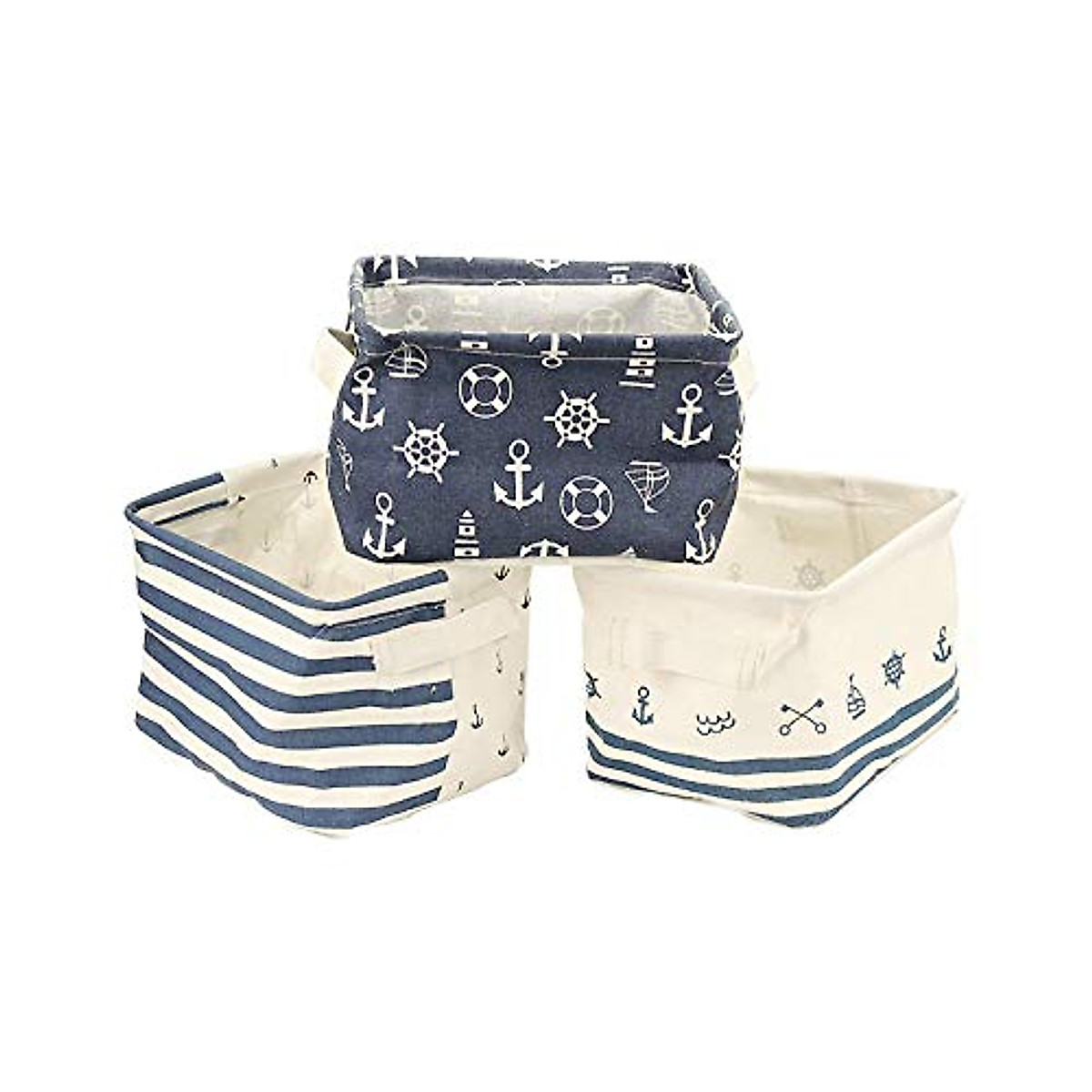 Orino Waterproof Nursery Nautical Fabric Small Storage Baskets Beach Anchor Theme Collapsible Portable Storage Bins with Handle for Cloth, Toys, Books, Sundries, Set of 3