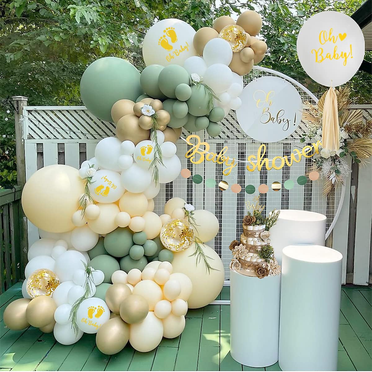 Sage Green Baby Shower Decorations, Baby Shower Decorations for Boy Girl, Sage Green Gold Balloons Garland Kit with Safari Baby Shower Decorations Olive Neutral Jungle Gender Reveal Party