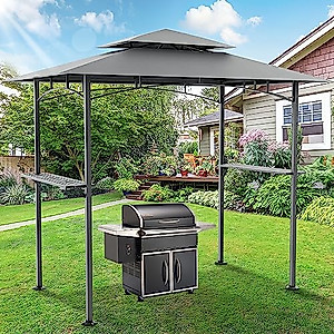 Zevemomo Grill Gazebo, 8x5 FT Grill Canopy for Outdoor Grill, Double Tiered BBQ Canopy Tent with 2 Shelves, 10 Hooks and Bottle Opener, All Weather Outdoor Gazebo for Patio, Backyard, Garden, Gray