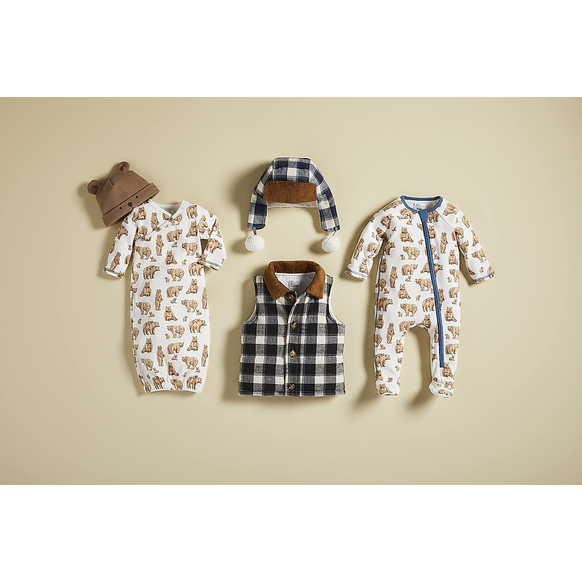 Mud Pie Baby Boys' Bear Gown and Hat Set, Brown, 0-3 Months