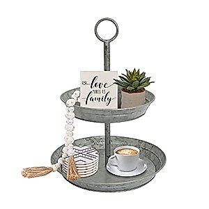 FLORA Farmhouse 2 Tiered Galvanized Serving Tray Stand with Carry Handle, Rustic Metal Display Tray for Cupcake Dessert Fruit, Silver