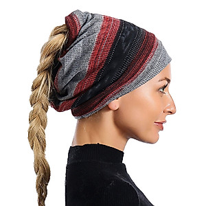 Zando Unisex Soft Beanie Cap Striped Slouchy Chemo Hat Travel Scarf Turban Cozy Skull Cap Lightweight Stretch Sleep Hat for Men Women Blue & Red & Camel Blue One Size