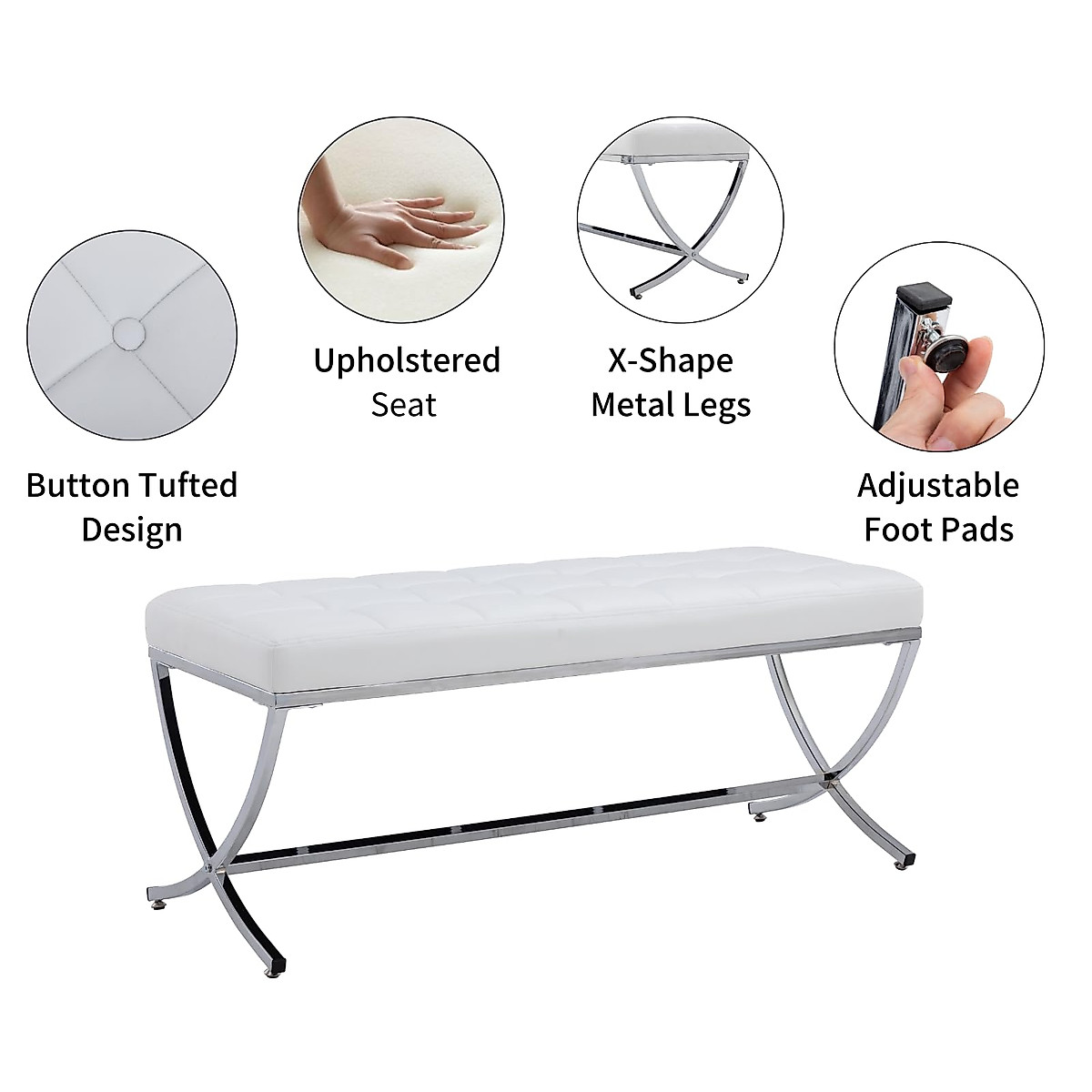 Shunzhi Modern Entryway Bench Modern Faux Leather Dining Bench Upholstered End of Bed Bench Button Tufted Ottoman Stool Bench Waiting Room Bench with Metal Legs for Living Room/Bedroom, White