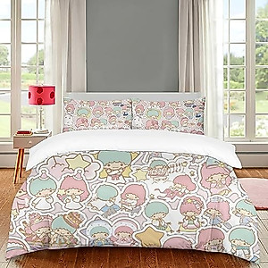 RODES 3pcs Little Twin Stars Duvet Cover, Twin Bedding Sets, Kawaii Bedding, Anime Comforter Bedspread Quilt Cover, Kawaii Beding Gifts for Teenage Boys Girls, 2 Pillow Sham