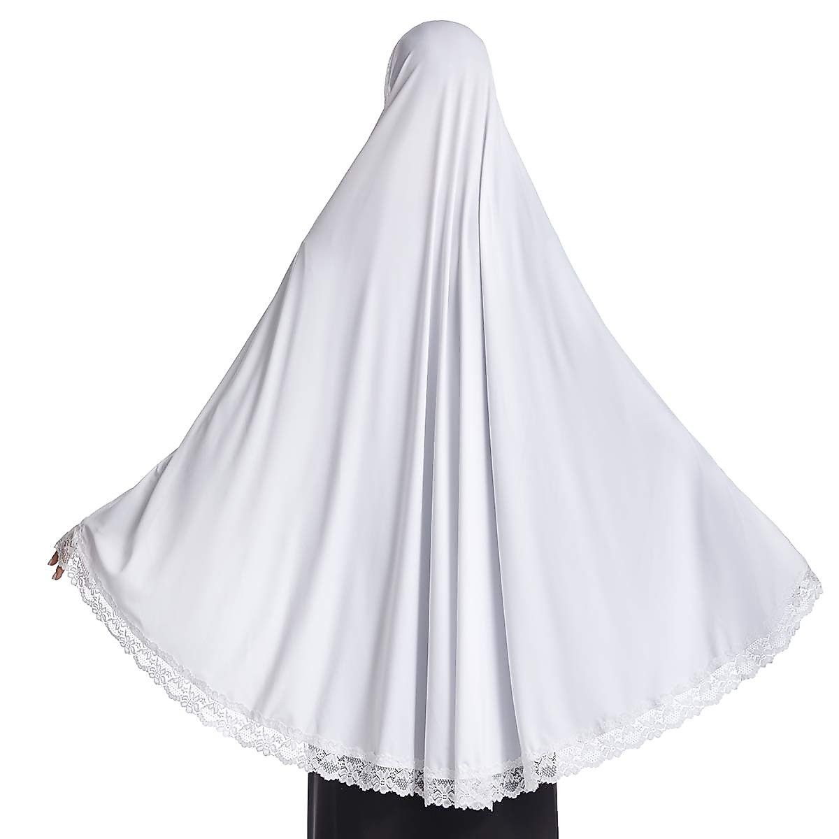 khalat Women's Elegant Hijab Lace Trim Muslim Islamic Ramadan Soft Lightweight Hijab Long Scarf White