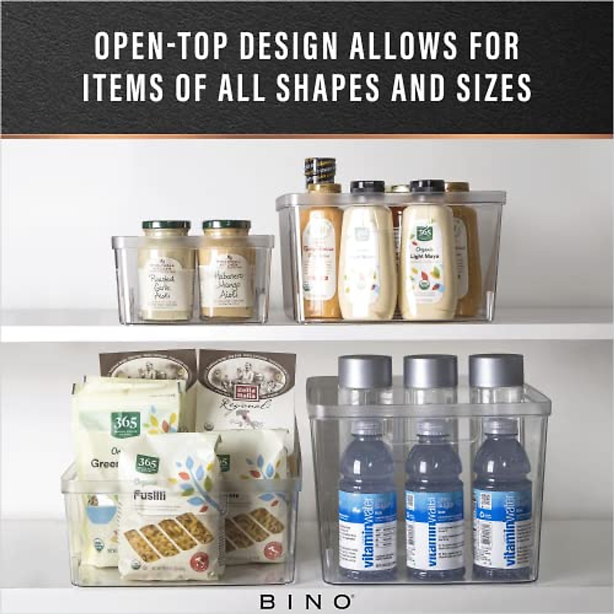 BINO Plastic Storage Containers, Small - 4 Pack THE LUCID COLLECTION, Multi-Use Organizer Bins Built-In Handles BPA-Free Clear, Fridge, Pantry & Home Organization