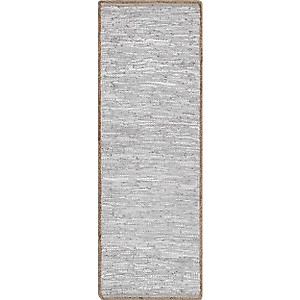 nuLOOM Sabby Hand Woven Leather Flatweave Runner Rug, 2' x 6', Light Grey