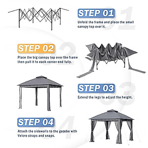UDPATIO 11x11 Pop Up Gazebo Canopy Tent, Patio Outdoor Gazebo Tent with Mosquito Netting Outdoor Canopies for Shade and Rain for Lawn, Garden, Backyard and Deck, Grey