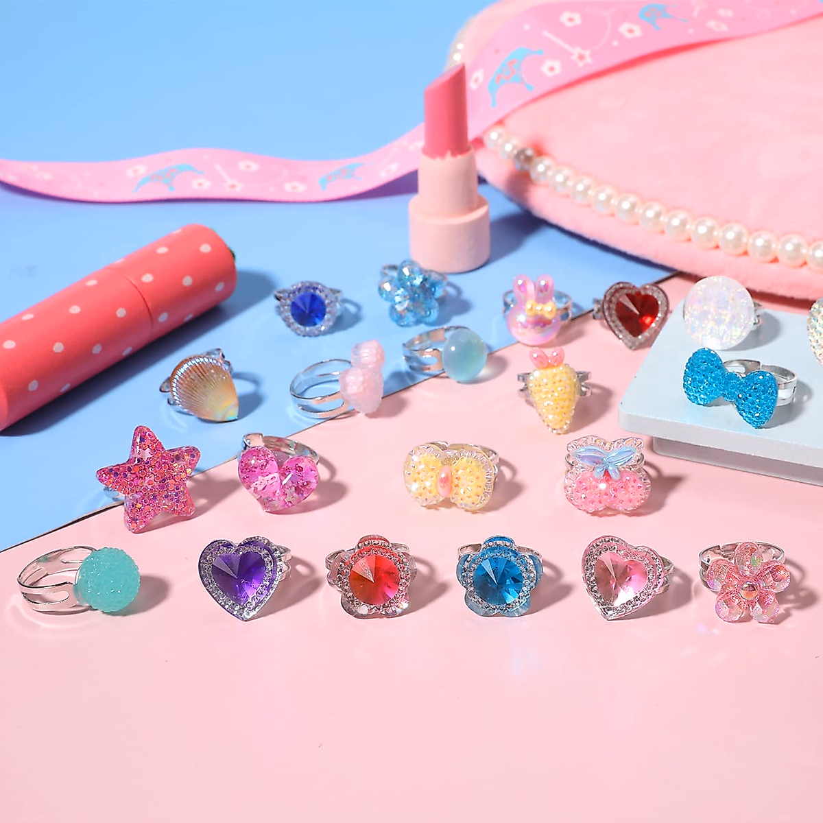 PinkSheep Little Girl Jewel Rings in Box, Adjustable, No duplication, Girl Pretend Play and Dress Up Rings (30 Jewel Ring)