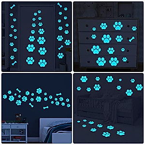 Dog Paw Print Stickers Glow in The Dark Wall Decals Pup Dog Room Decor Stickers Vinyl Dog Paw Bone Wall Decals Removable Animal Footprint Decal for Kids Boys Girls Bedroom Nursery Floor Ceiling Decor (Sky blue)