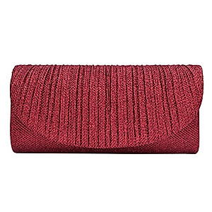 Premium Pleated Metallic Glitter Flap Clutch Evening Bag Handbag, Burgundy