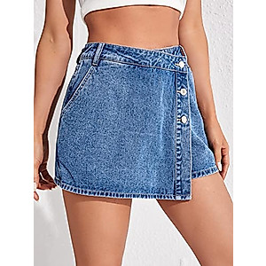WDIRARA Women's High Waisted Button Front Denim Skort Asymmetrical Hem Wrap Jean Skirt Shorts Medium Wash M
