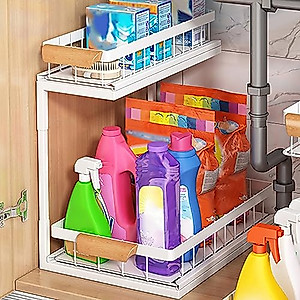 Tainrunse Sliding Cabinet Organizer Kitchen Shelf Maximize Storage with Durable 2-Tier Rust-Resistant Metal Construction for Easy Access Under Sink Narrow White