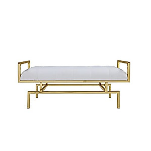 Iconic Home Bruno PU Leather Modern Contemporary Tufted Seating Goldtone Metal Leg Bench, White