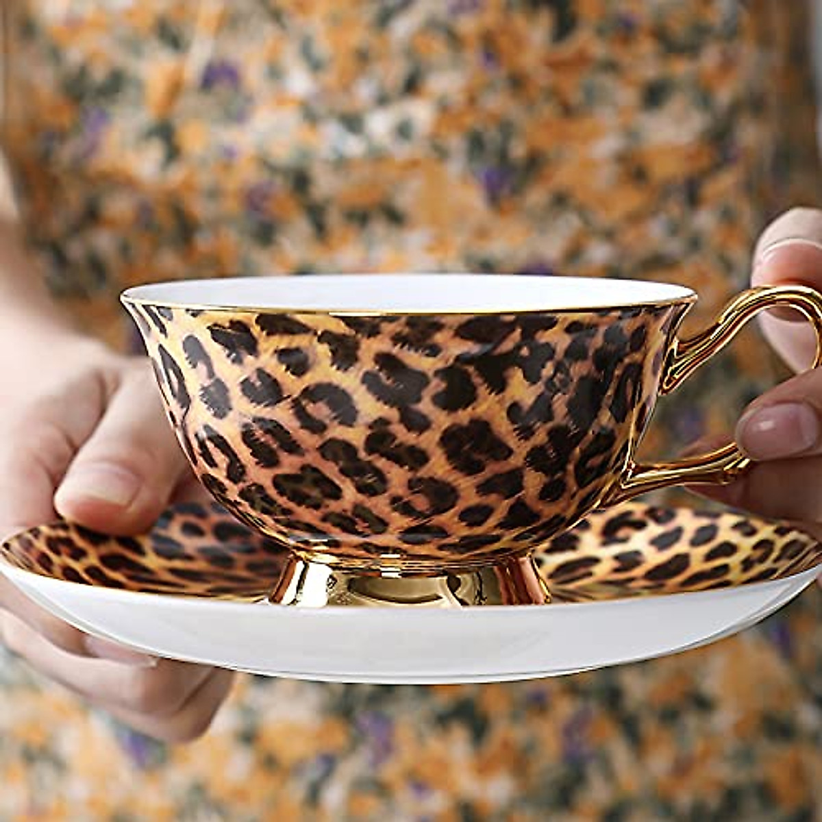 amokk Coffee Cup and Saucer Sets - 6.7 Oz Bone China Tea Cup with Saucer and Spoon - Fancy Coffee Mugs for Office, Coffee Table, Afternoon Tea (Leopard)