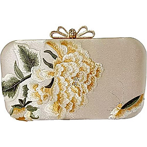 AININTON Women Embroidered Bag Silk Shoulder Bag Rectangle Handbag Champaign Gold Crossbody Bag with Pearl Chain for Wedding Party Banquet