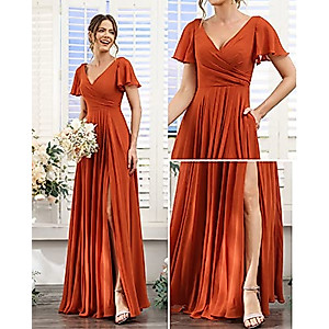 deamify Modest V Neck Flutter Sleeves Bridesmaid Dresses with Pockets Split Pleats Short Sleeves Sage Green Formal Dress for Women 10