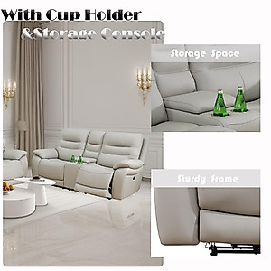 Ocstta Genuine Leather Power Recliner Couch, 77" Leather Couch with Storage Console&Cup Holer, Top Grain Reclining Leather Couch for Living Room Office Apartment (Recliner Loveseat, Light Grey)