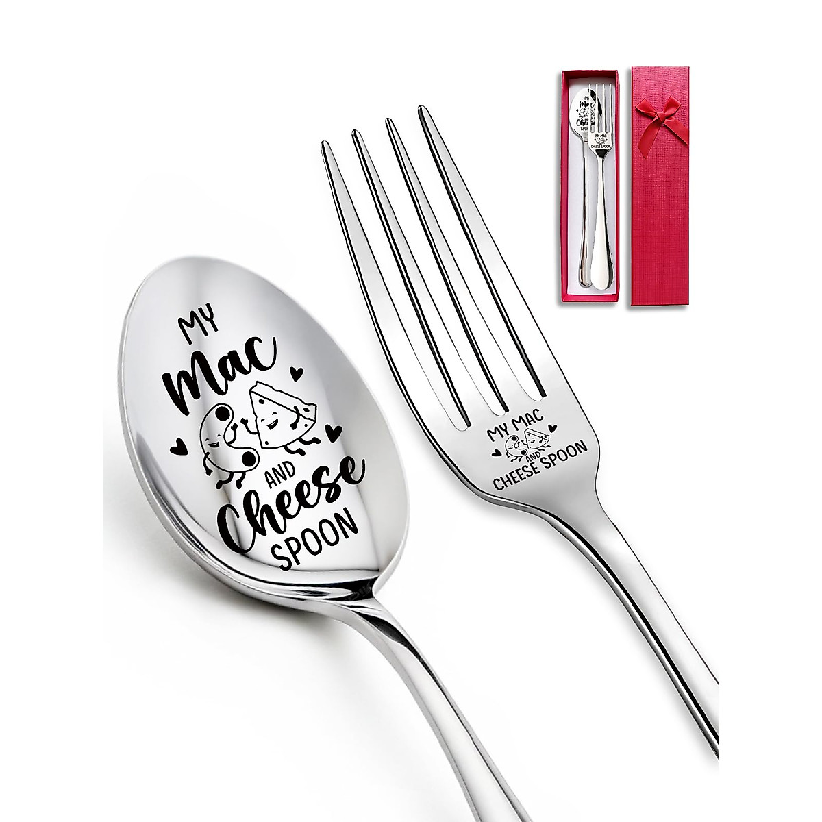 Advivio 2PCS My Mac and Cheese Spoon Funny Engraved Stainless Steel Spoon Fork Set, Dessert Spoon Dinner Fork for Mac and Cheese Lovers Friends Brother Sister Christmas Birthday Graduation Gifts