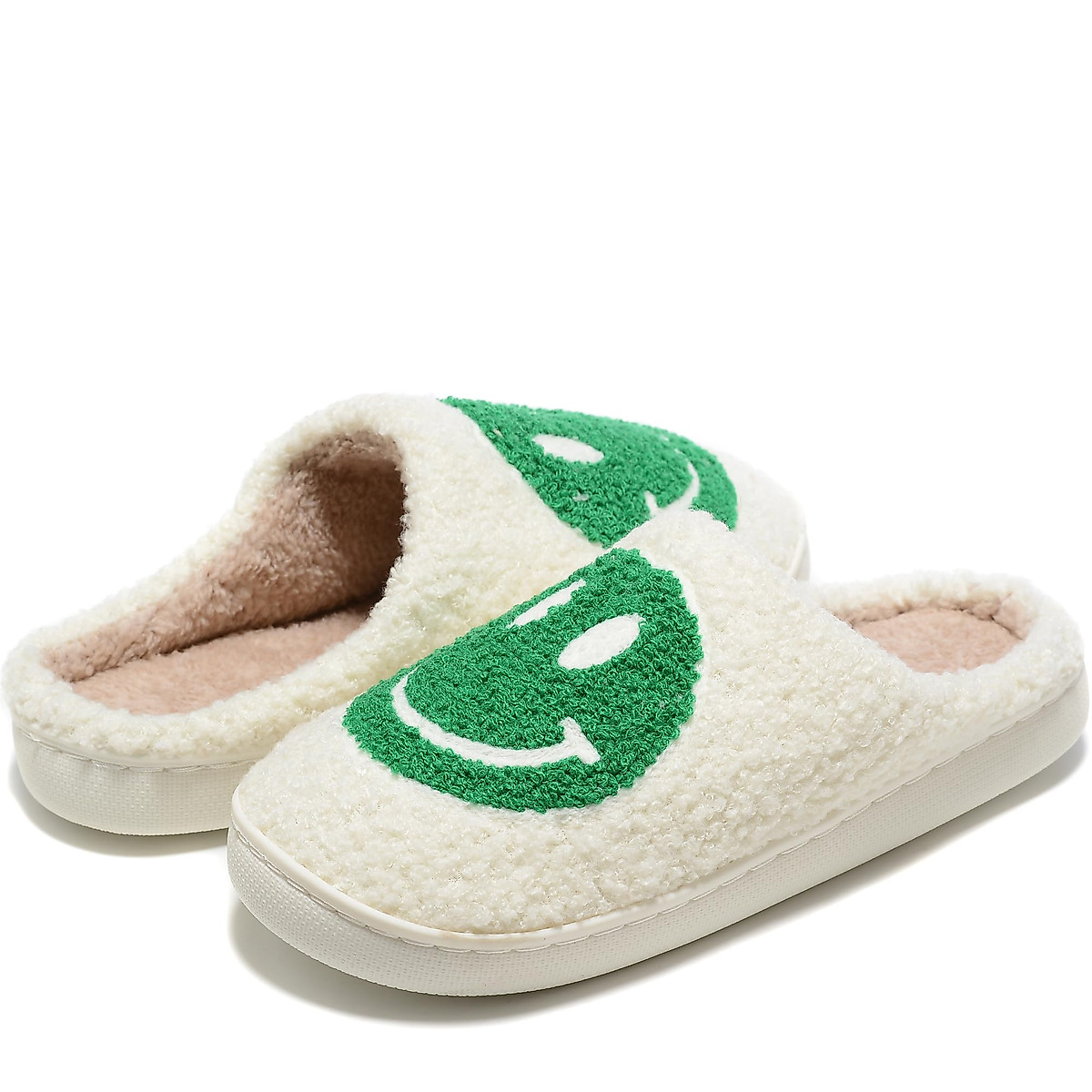Retro Fuzzy Face Slippers Women Men Non-Slip Couple Style Casual Smiley Face Slippers Retro Soft Fluffy Warm Home Lightweight Slip-on Cute Cozy Indoor Outdoor Memory Foam Face Slippers (Green, 7.5)