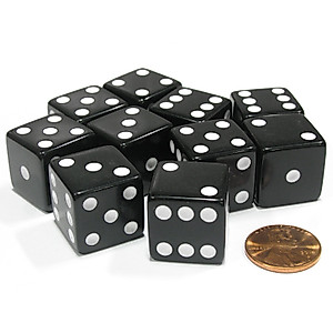 Koplow Games Set of 10 Large Six Sided Square Opaque 19mm D6 Dice - Black with White Pip Die
