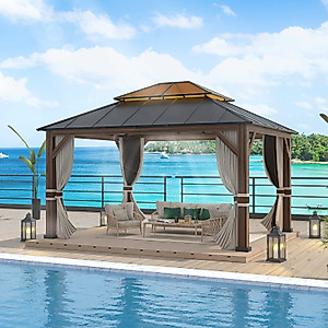 OLILAWN Gazebo 12x14, Hardtop Gazebo with Wood Finish Aluminum Frame, Galvanized Steel Double Top Gazebo with Ventilation, All-Weather Metal Gazebo with Netting and Curtains, for Patios Gardens Lawns