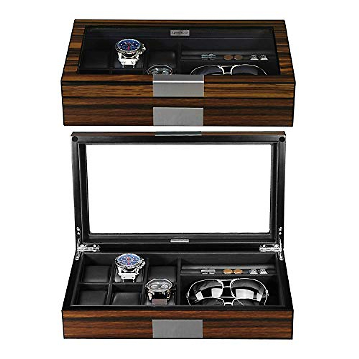 Lifomenz Co Watch Jewelry Box for Men 6 Slot Watch Box,6 Watch Case 8 Pair Cufflinks and Sunglasses Display Box,Wood Large Watch Display Case Organizer with Real Glass Window Top