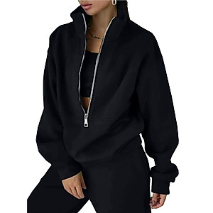 Flygo Womens Fleece 2 Piece Outfits Sweatsuit Half Zip Pullover Sweatshirt Joggers Pants Tracksuit Set (Black-M)
