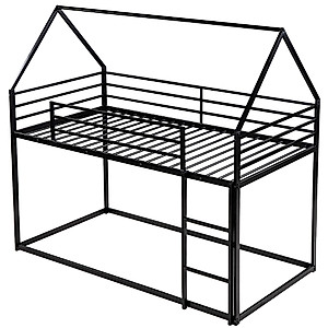 TABBC Twin Over Twin Low Bunk Bed, HouseBed with Ladder, Wood Floor Bedframe for Bedroom, Home, Apartment, Kids, Guest Room