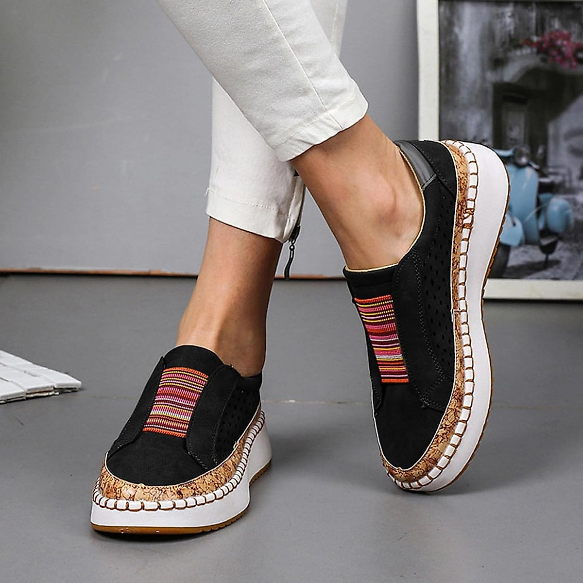 Women Premium Orthopedic Casual Sneaker, Women Platform Sandals Orthopedic Slip-on Walking Shoes Fashion Flat Casual Shoes (Black 9~9.5)