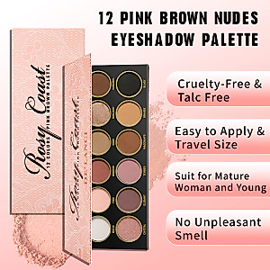 DE'LANCI Soft Pink Brown Eyeshadow Palette, 12 Colors Matte Shimmer Nude Rose Gold Neutral Eyeshadow Pallet for Natural Smoky Eye Look, Long Wear Naked Brown Shade for Women, Ultra-Blendable,Talc Free