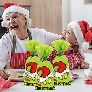 JarThenaAMCS 100Pcs Christmas Cellophane Treat Bags with Twist Ties Green Funny Cartoon Character Party Gift Bags Plastic Candy Goodie Bags for Xmas Snack Cookie Packing