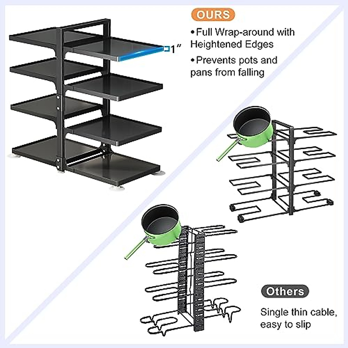 Pots and Pans Organizer for Cabinet, 8 Tier 21” Adjustable Cabinet Pan Organizer Rack Heavy Duty Pot Rack for Kitchen Storage, Snap-on Pot Pan Organizer with Panels for Stockpot and Steamer (Square)