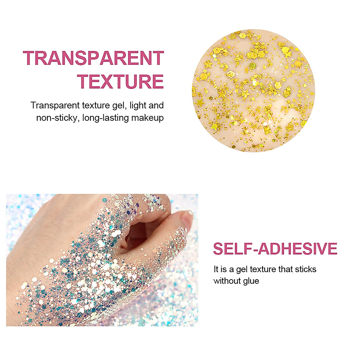 Face Glitter Gel,Body Glitter Gel,Chunky Glitter for Face Body Hair Nails Eyeshadow Holographic Cosmetic,Festival Glitter Makeup,50ml (#06 White + #02 Gold)