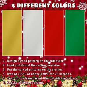 Whaline 9 Sheet Christmas Heat Transfer Vinyl 4 Colors Xmas Iron on Vinyl Red Green Golden Silver Printed HTV Adhesive Craft Vinyl for Clothing Costume DIY Fabric Craft, 9.6 x 11.8 Inch